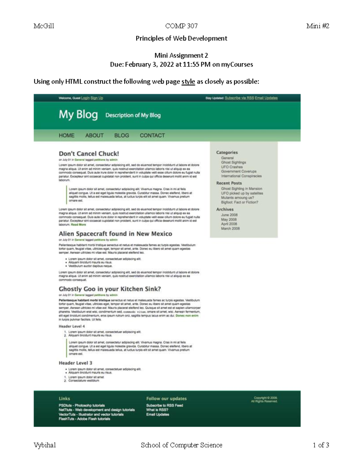 Mini 2 - Intro to HTML (update 1) - McGill COMP 307 Mini # Vybihal School of Computer Science 1 ...