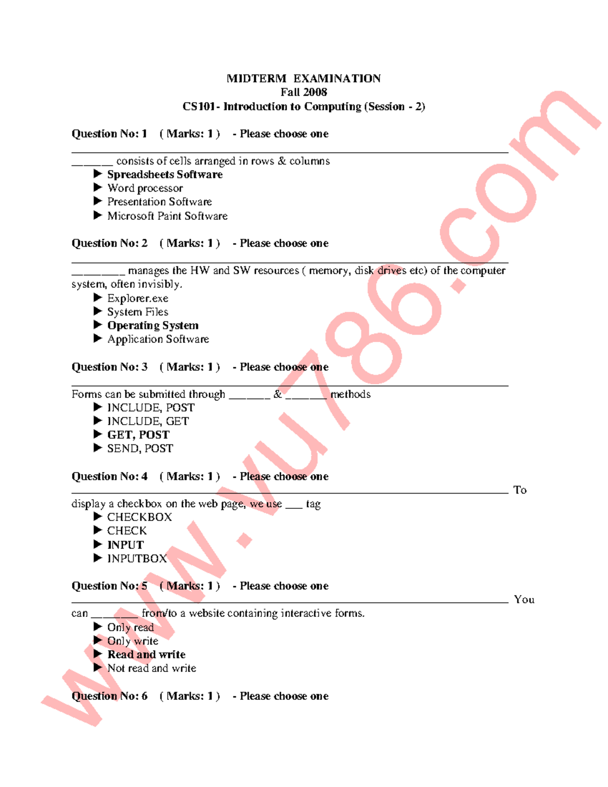 Cs101 mid term 2 www - MIDTERM EXAMINATION Fall 2008 CS101- Introduction to Computing (Session ...