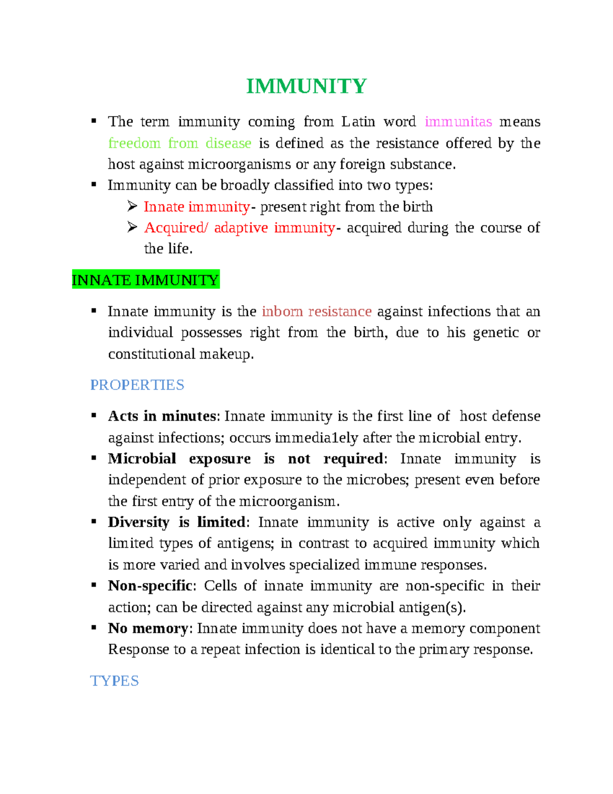 Immunity - lecture notes for easy study - IMMUNITY The term immunity ...