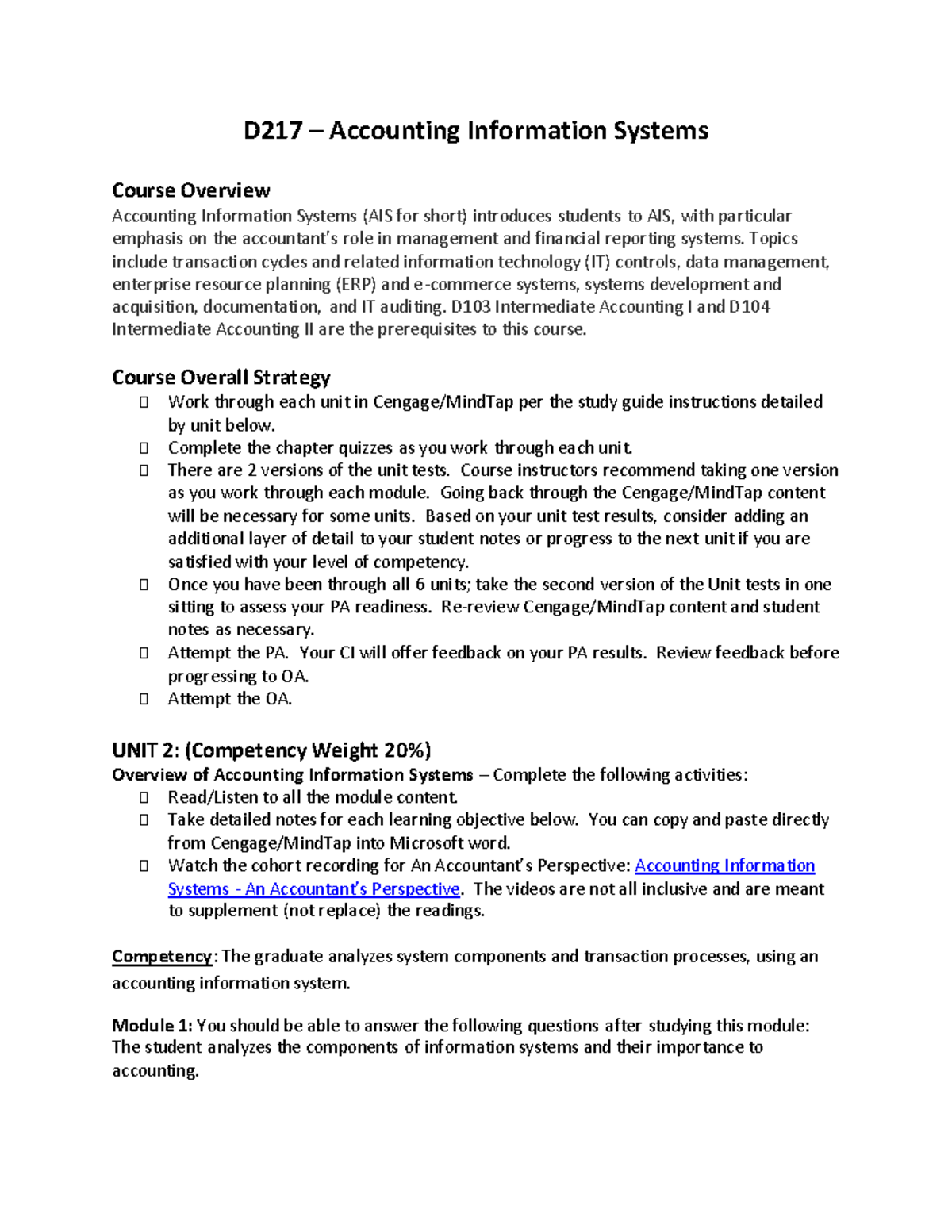 D217 Study Guide - D 217 – Accounting Information Systems Course ...