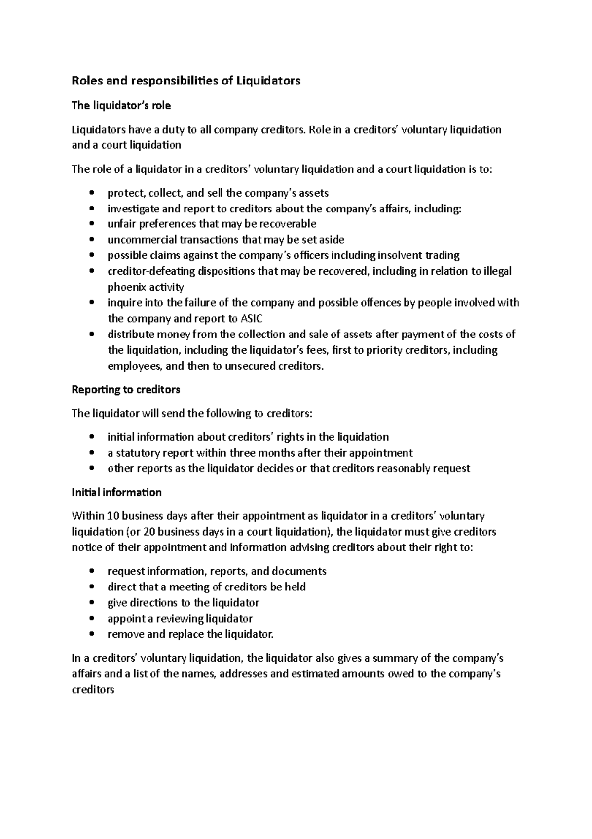 Roles and responsibilitties of liquidators - Role in a creditors ...