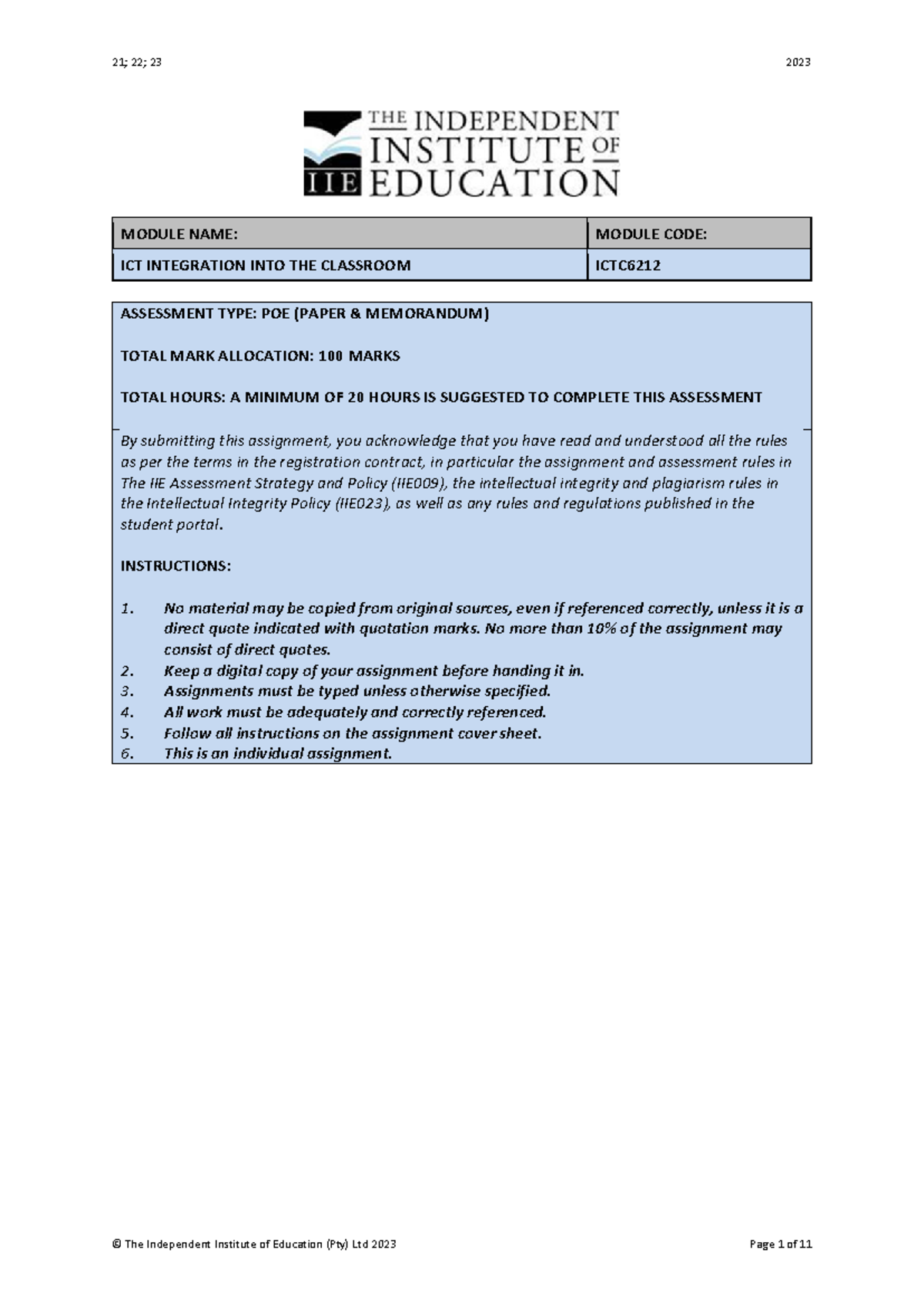 ICTC6212 Summative Project - MODULE NAME: MODULE CODE: ICT INTEGRATION ...