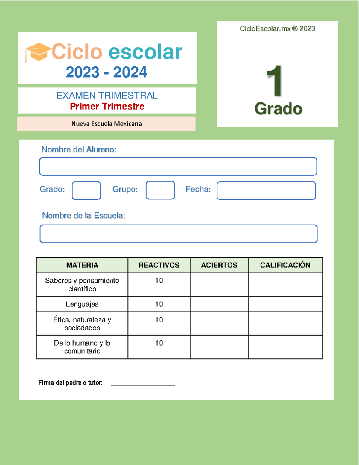 Evaluacion Primer Trimestre Primer grado 2023 2024 - Firma del padre o tutor ...