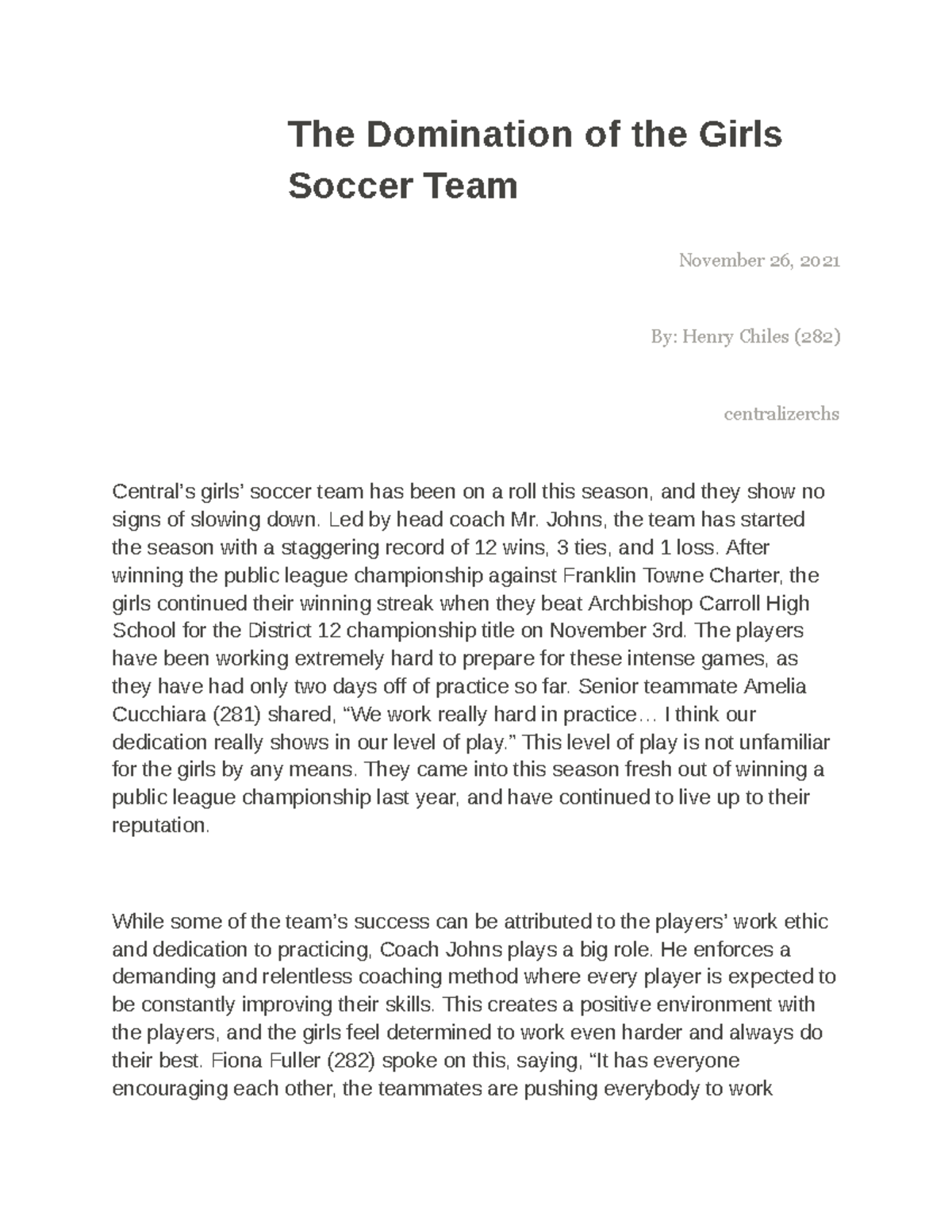 The Domination of the Girls Soccer Team - Google Docs - The Domination ...