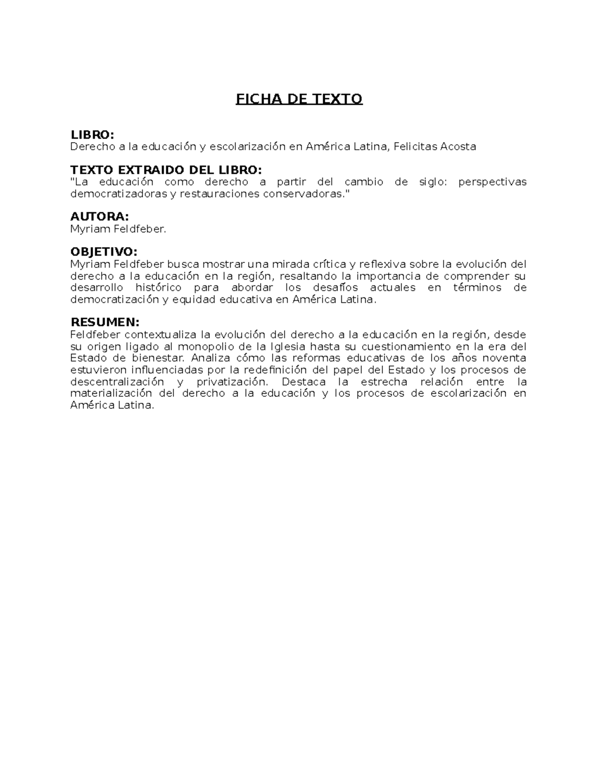 1 Ficha DE Texto - Myriam Feldfeber - FICHA DE TEXTO LIBRO: Derecho a ...