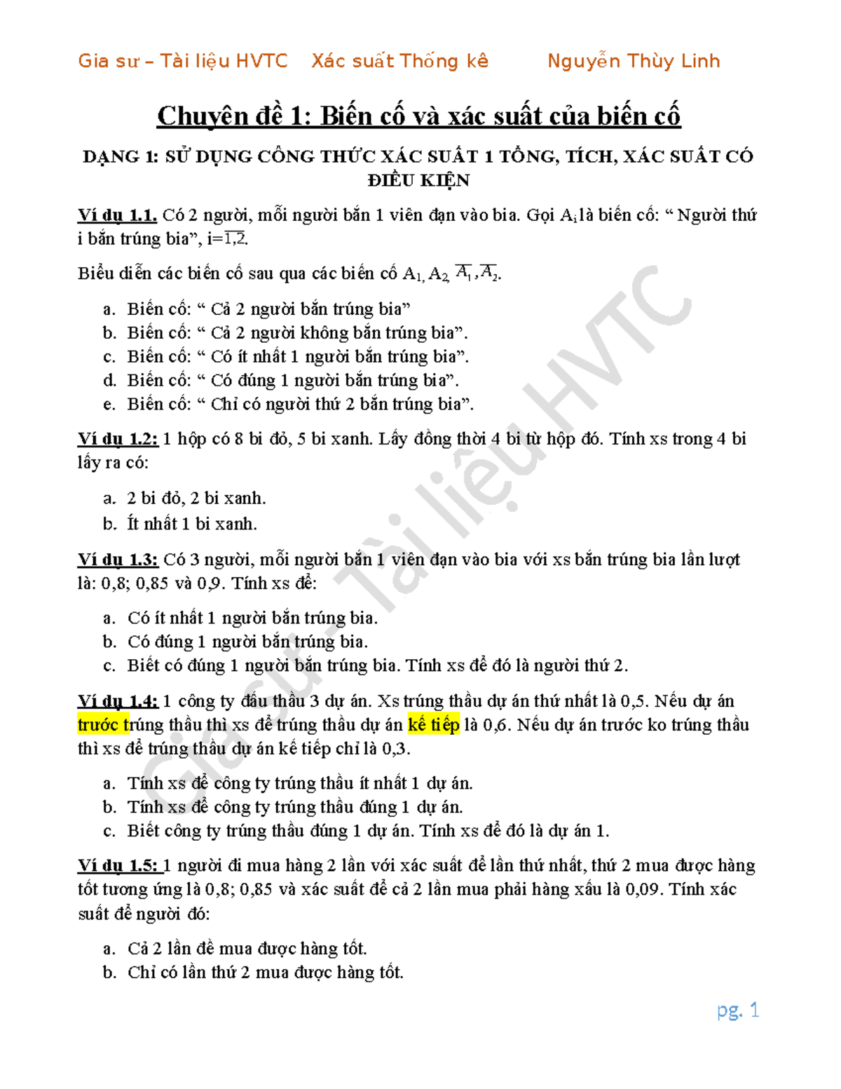 Bài tập xstk gửi sv GIA SƯ TÀI LIỆU HVTC - Chuyên đề 1: Biến cố và xác suất của biến cố DẠNG 1 ...