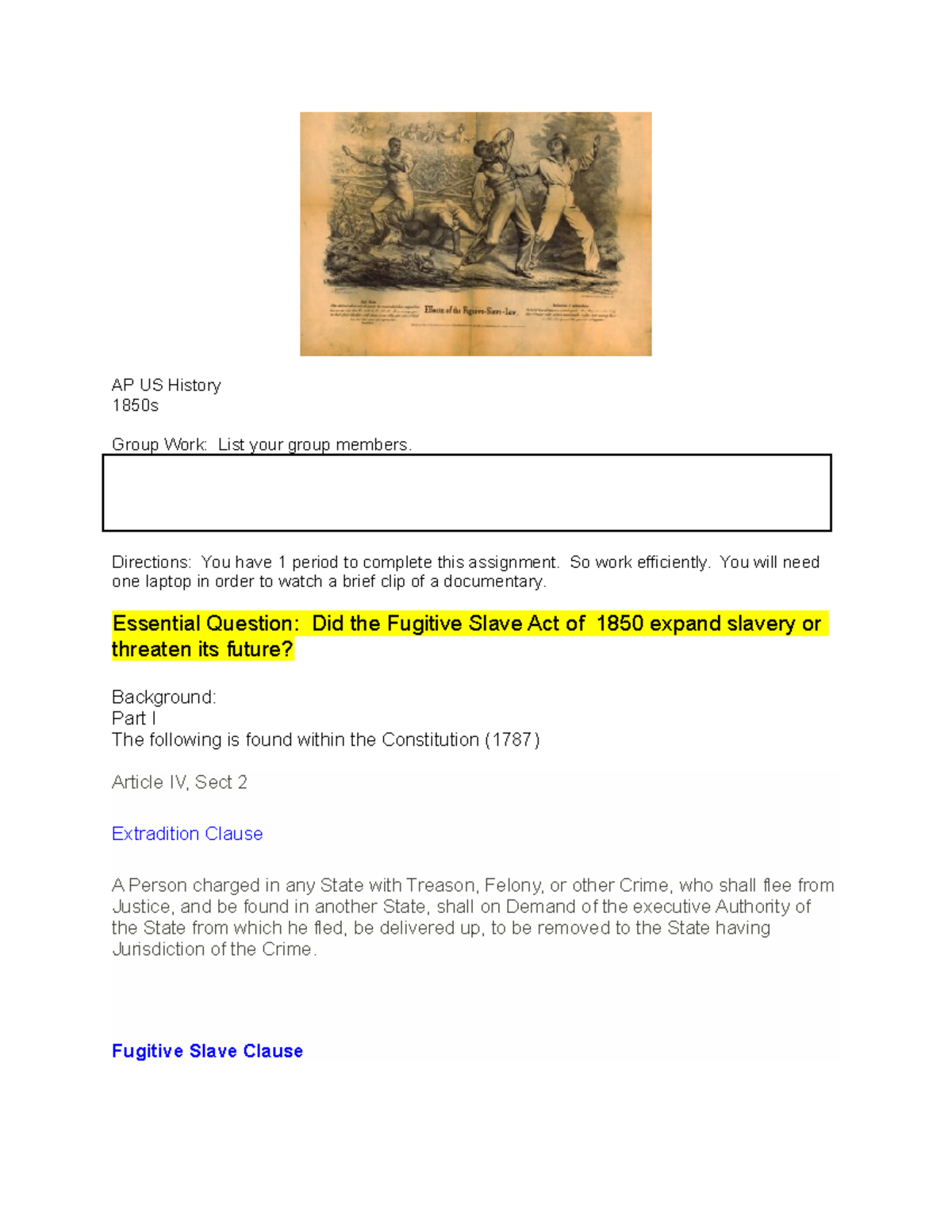 2. Lesson Fugitive Slave Act 1850 - AP US History 1850s Group Work ...