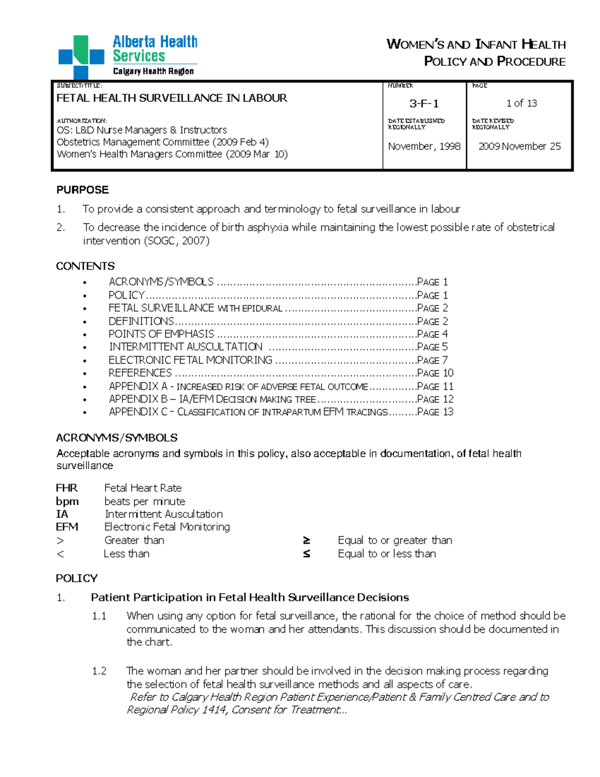 MOC-FWB-Fetal Health Surveillance Policy - POLICY AND PROCEDURE SUBJECT ...