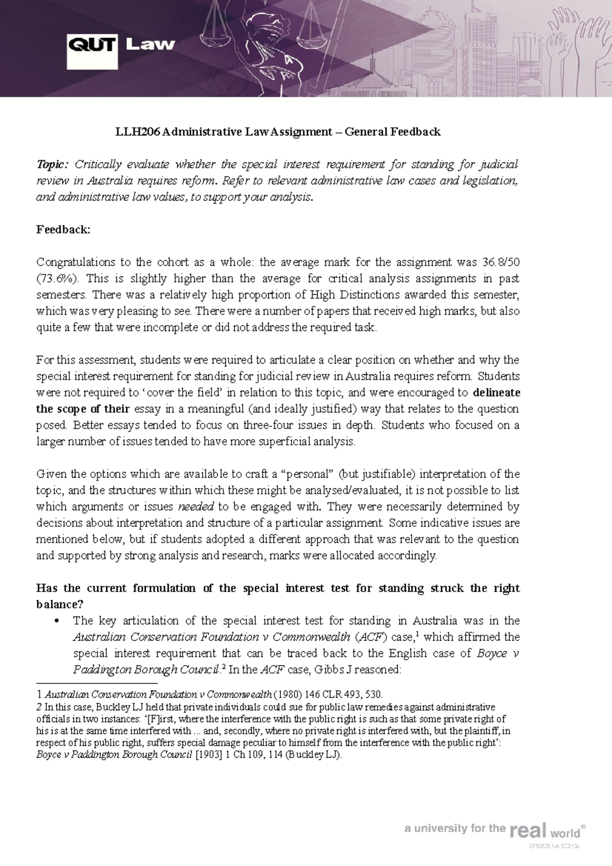 LLH206 Task 1 Assignment Summer 2021 General Feedback - LLH206 Administrative Law Assignment ...