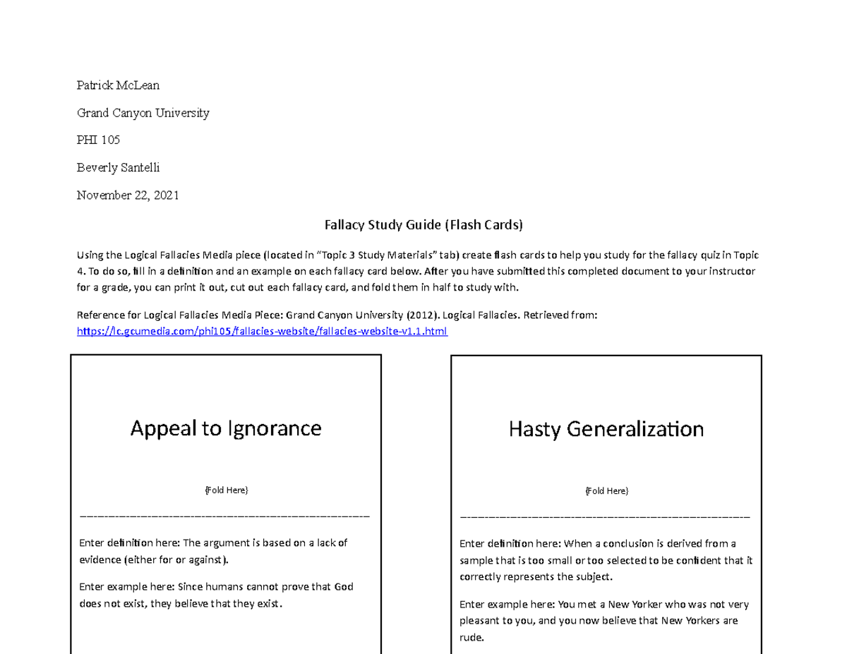 PHI 105 T3 Fallacy Study Guide - Patrick McLean Grand Canyon University PHI 105 Beverly Santelli ...