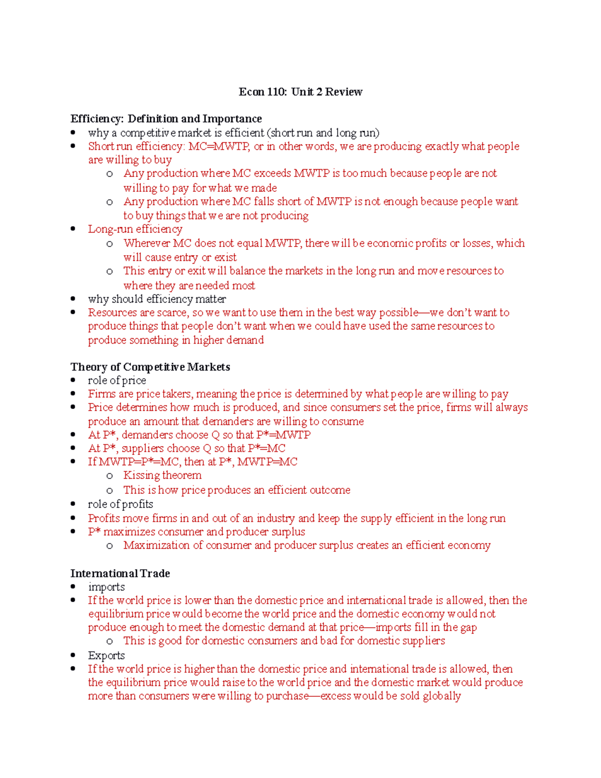 Econ Exam 2 Review - Econ 110: Unit 2 Review Efficiency: Definition and ...