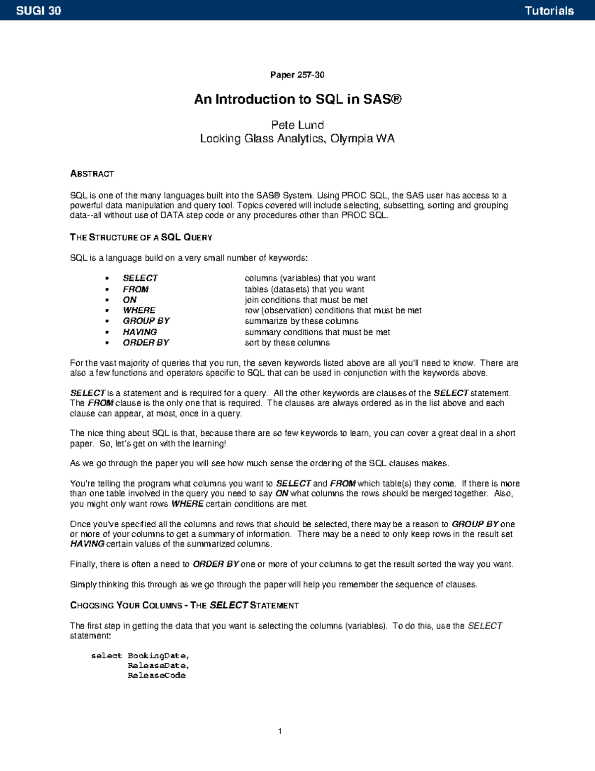 257-30 - SQL notes - Paper 257- An Introduction to SQL in SAS® Pete ...