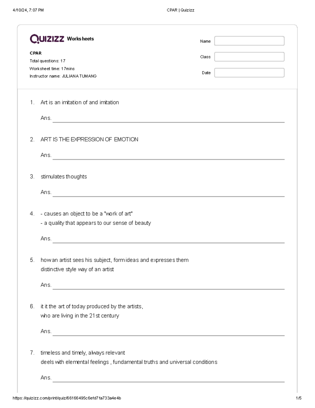 CONTEMPORARY PHILIPPINE ARTS - Worksheets CPAR Total questions: 17 ...