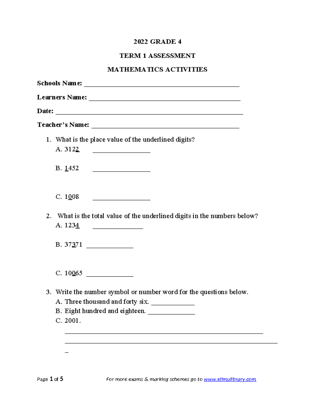 2022 elimu exams grade 4 mathematics assessment term 1 24 22 jun 10 02 ...