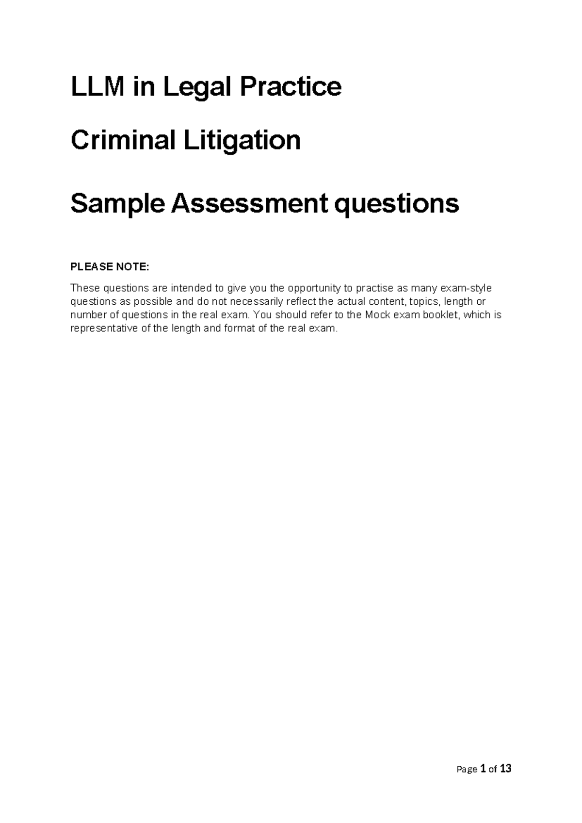 Criminal Litigation Sample Assessment questions - LLM in Legal Practice ...