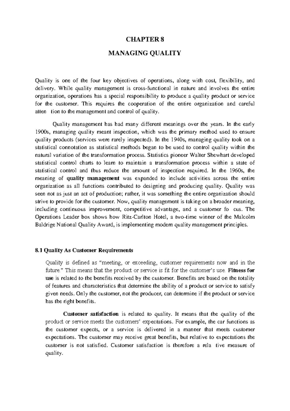 Chapter 8 Managing Quality ( Quality AS Customer Requirement) - CHAPTER 8 MANAGING QUALITY ...