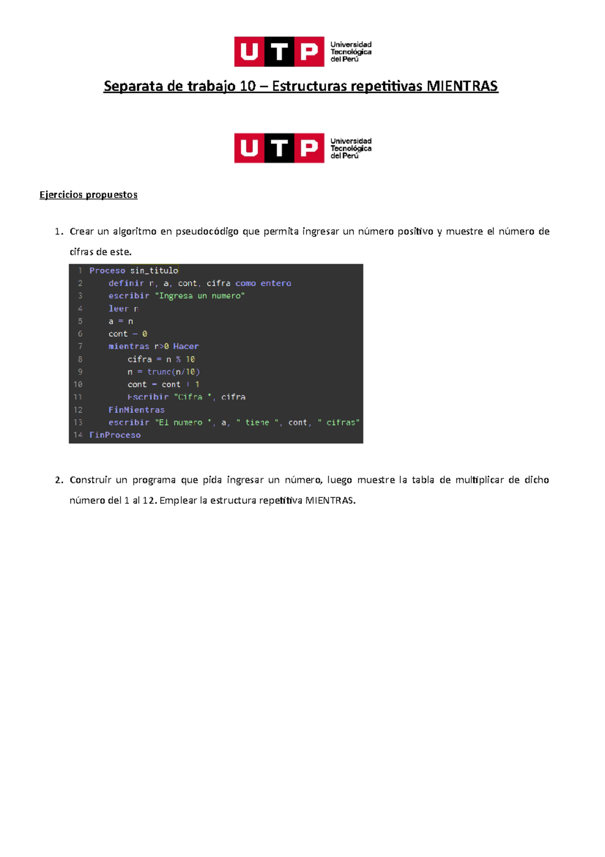 Separata 10 Unidad 03 - tarea - Separata de trabajo 10 – Estructuras repetitivas MIENTRAS ...