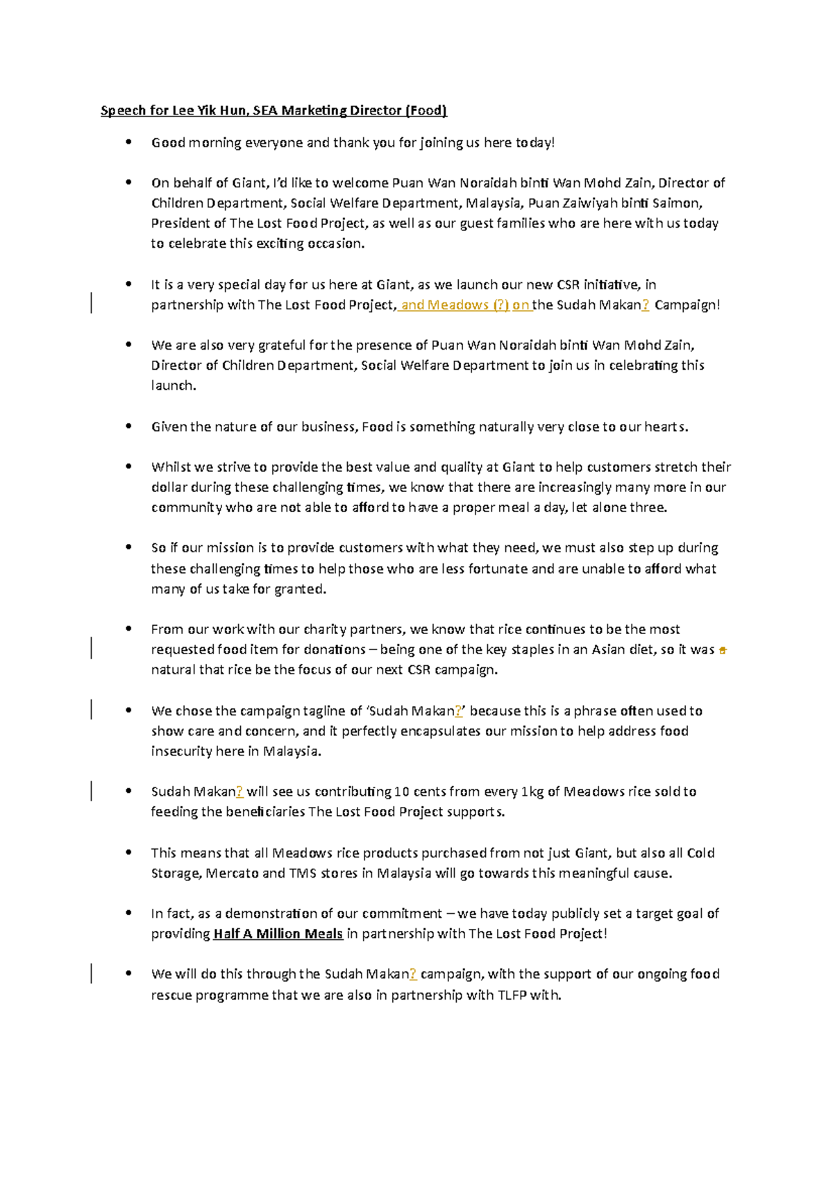 Draft Speech for board director - Speech for Lee Yik Hun, SEA Marketing ...