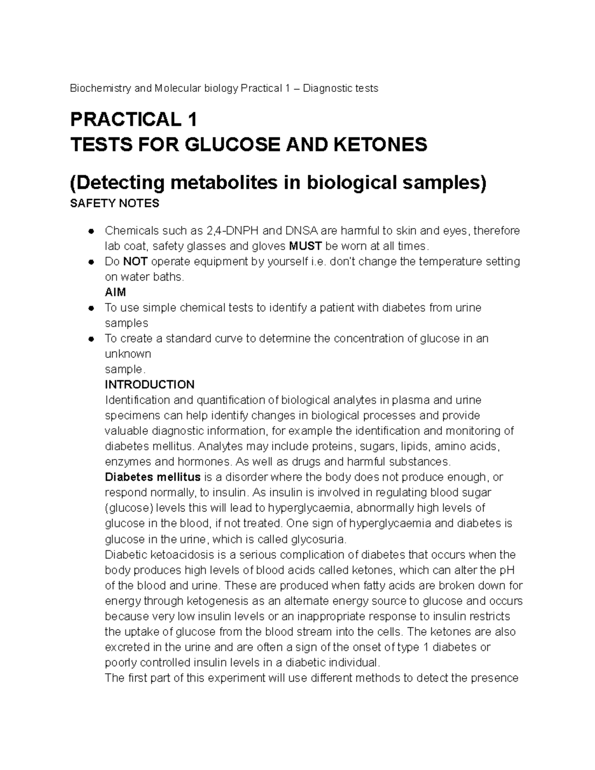 biochemistry practical - Biochemistry and Molecular biology Practical 1 ...