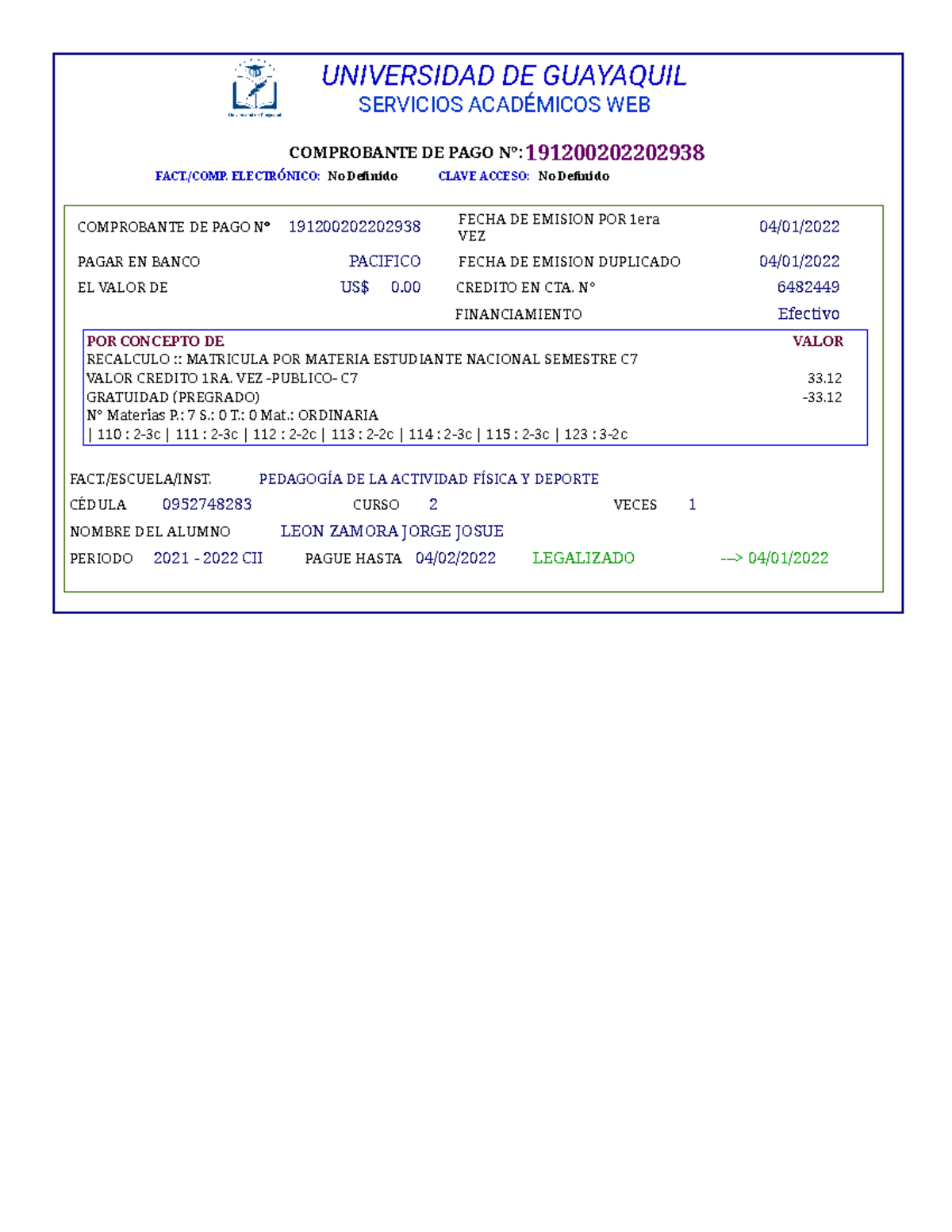 Universidad de Guayaquil - SIUG - Estudiante - Consultas - Orden Pago ...