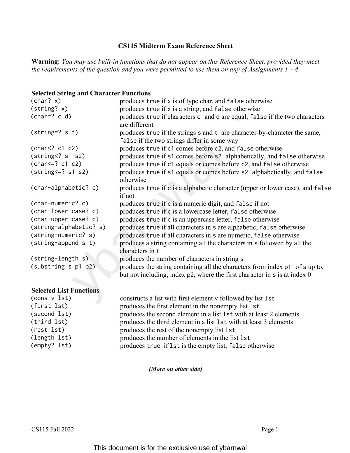 Reference sheet - Cs 115 - Studocu
