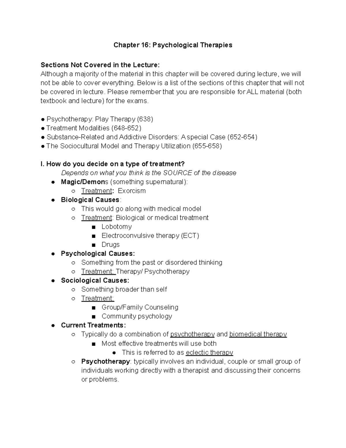 Chapter 16 Notes - Chapter 16: Psychological Therapies Sections Not ...