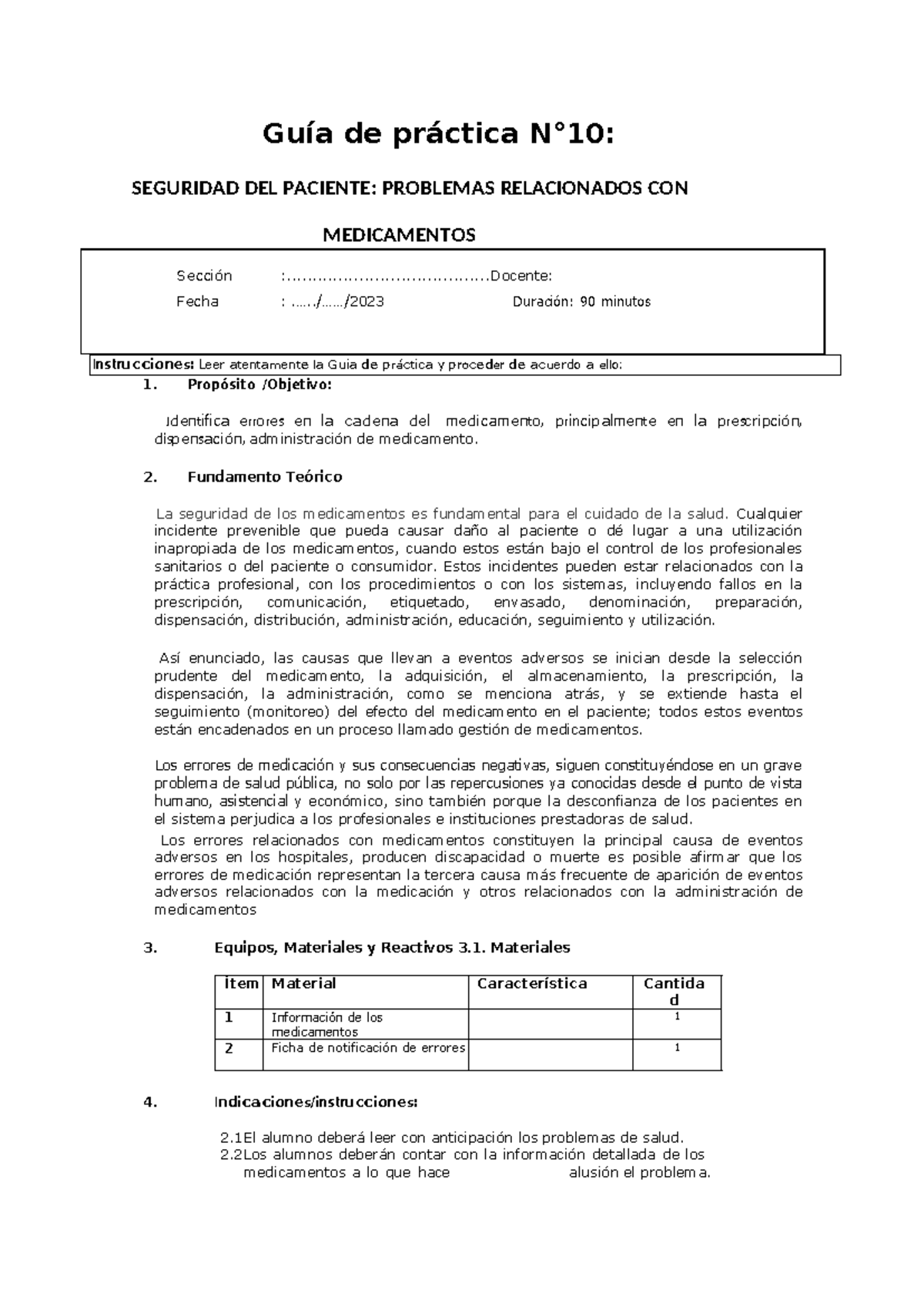 Practica 10 - Guía práctica sem 10 - Guía de práctica N° 10 : SEGURIDAD DEL PACIENTE: PROBLEMAS ...
