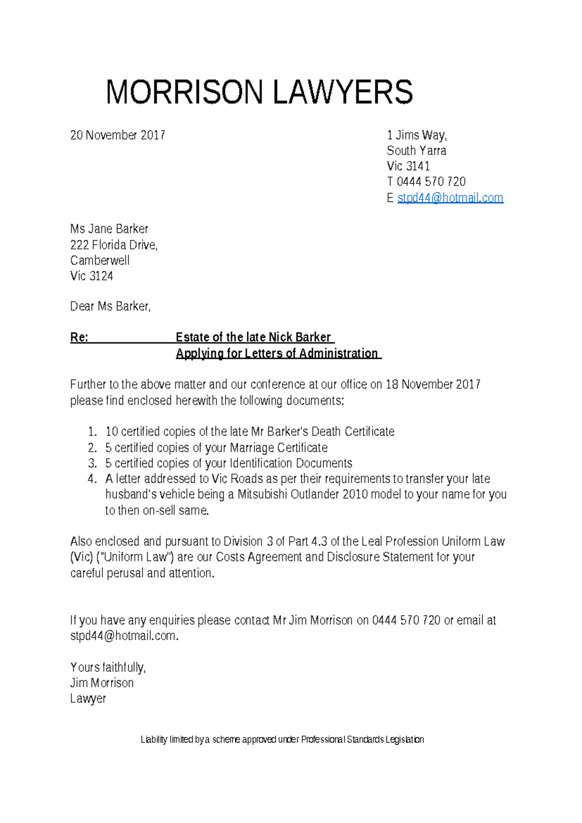 Sample Letter to client - Copy - MORRISON LAWYERS 20 November 2017 1 ...