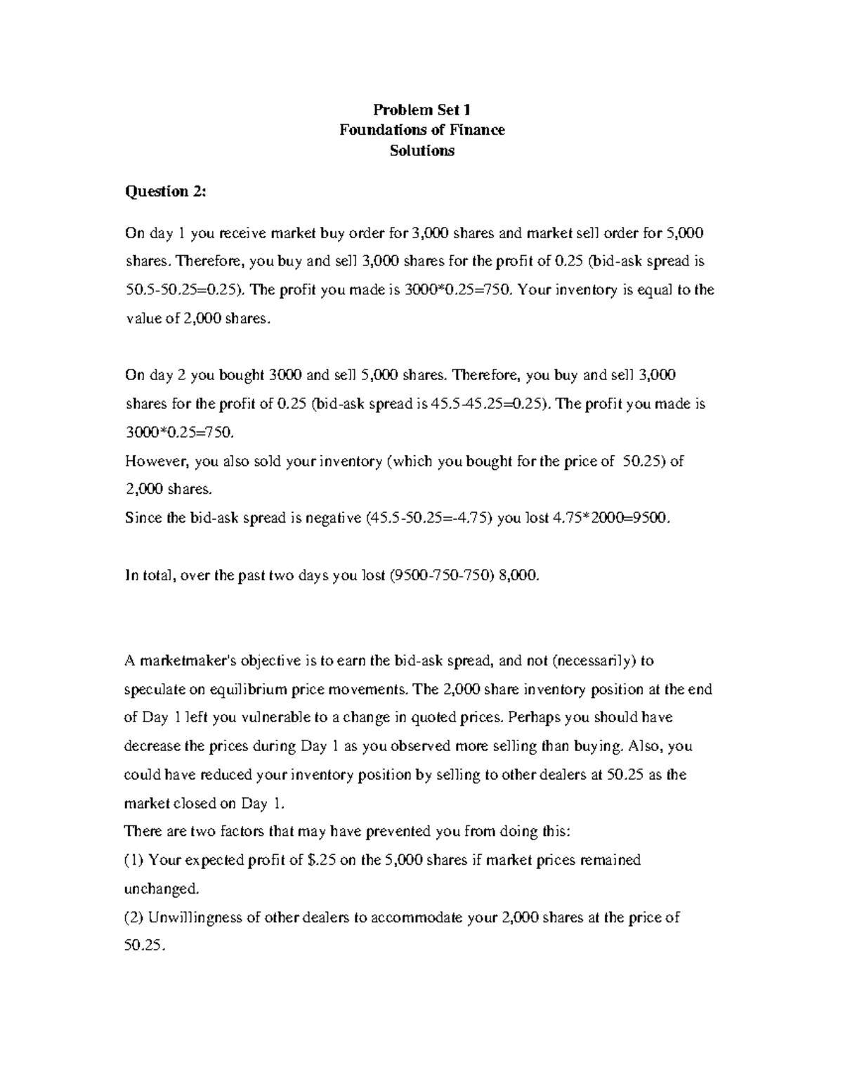 Problem Set 1 Sol - PSet 1 - Problem Set 1 Foundations of Finance ...