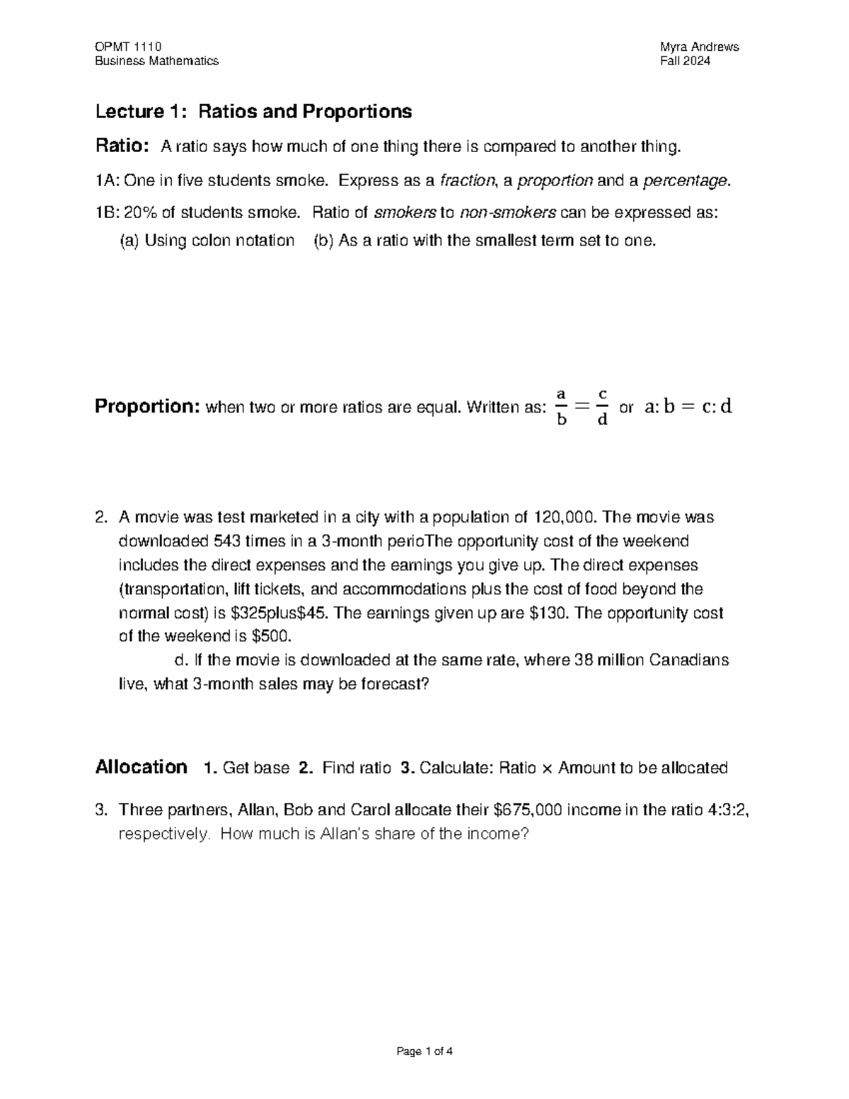 Lecture 1 - Business Mathematics Fall 2024 Lecture 1: Ratios and ...