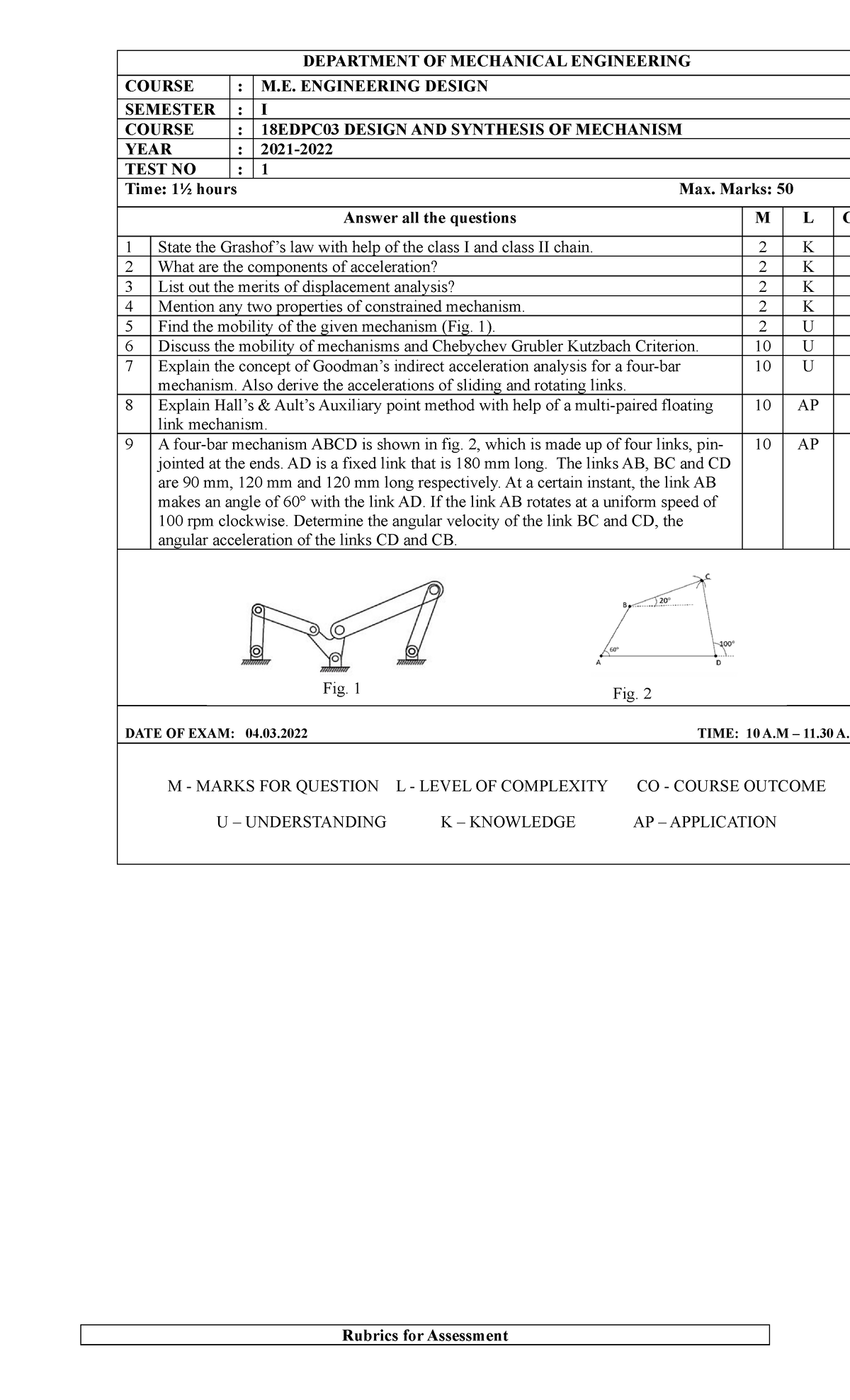 Dynamics and Synthesis of mechanism - DEPARTMENT OF MECHANICAL ...