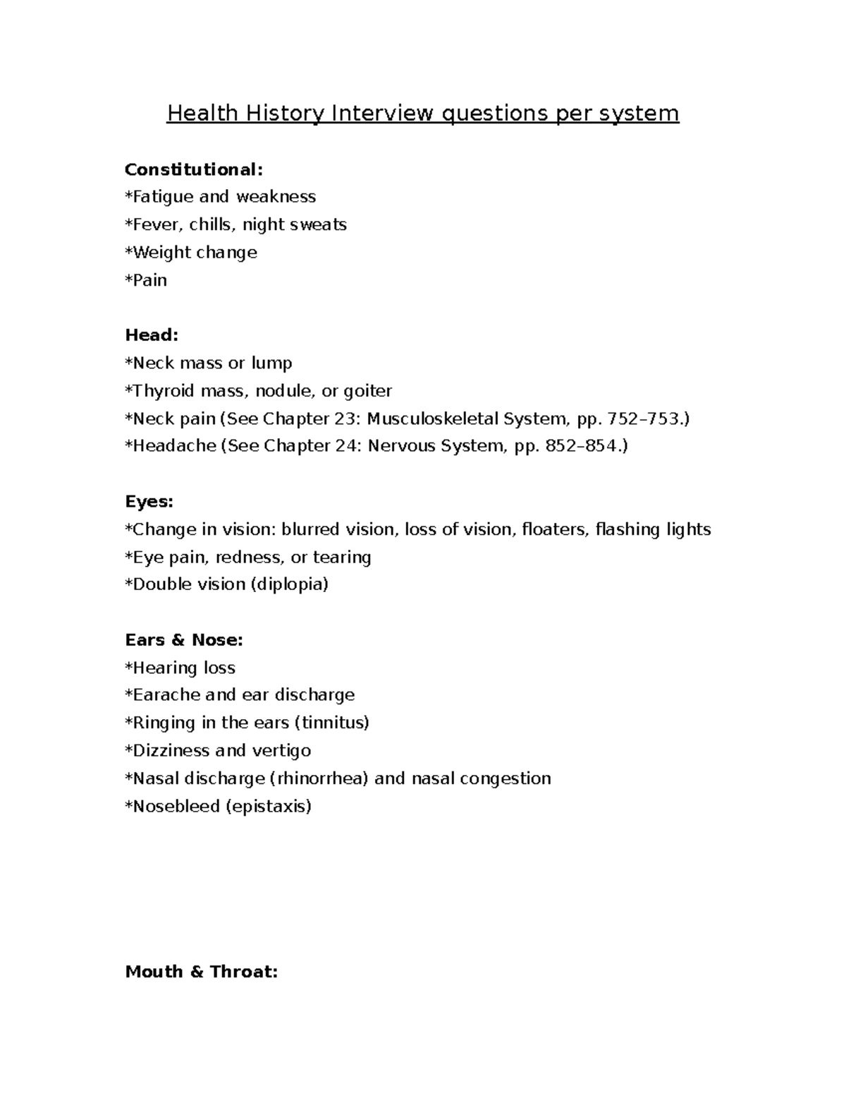 Health History Interview questions per system - Health History ...