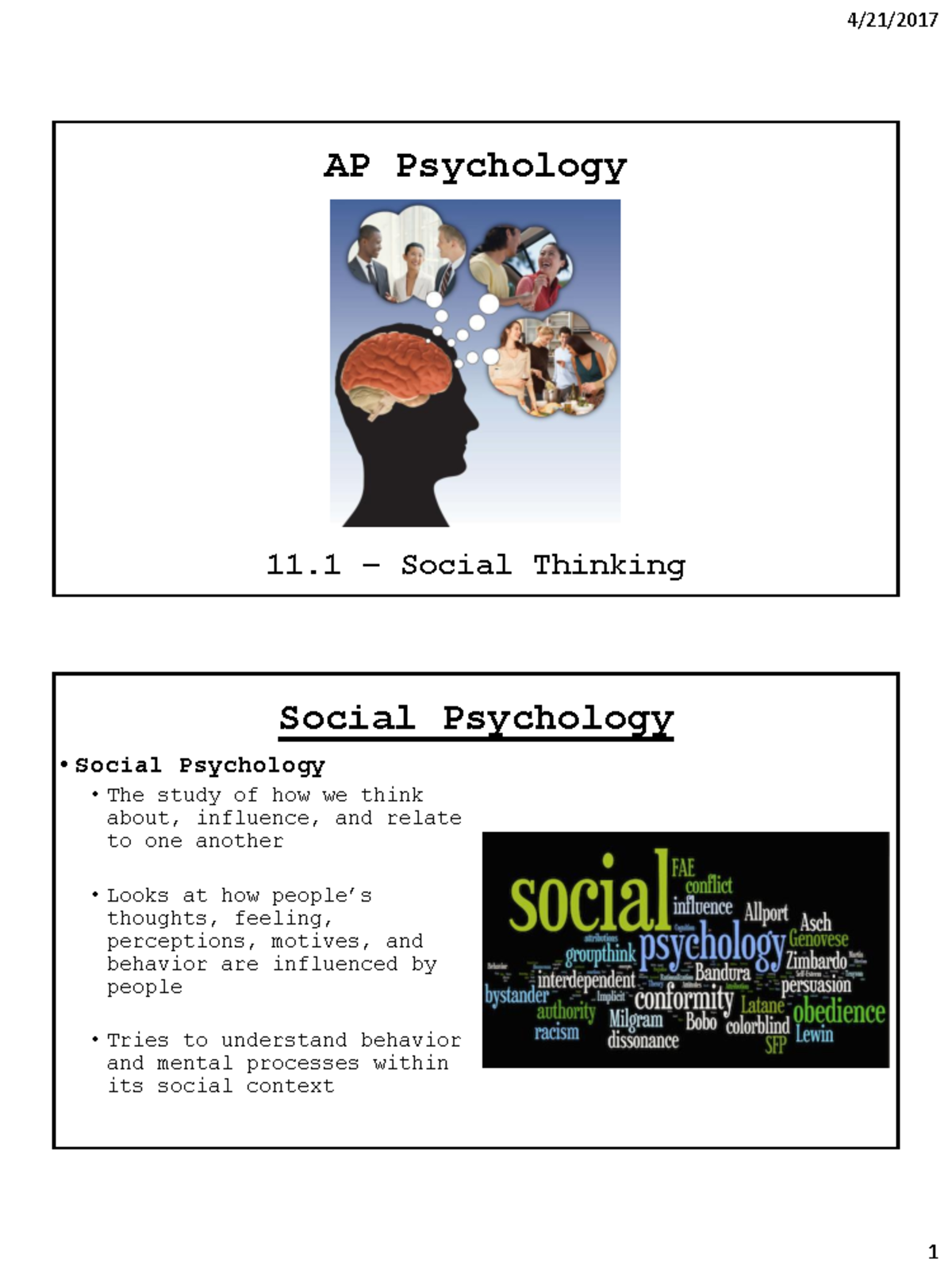 11 - psychology - AP Psychology 11 – Social Thinking Social Psychology ...