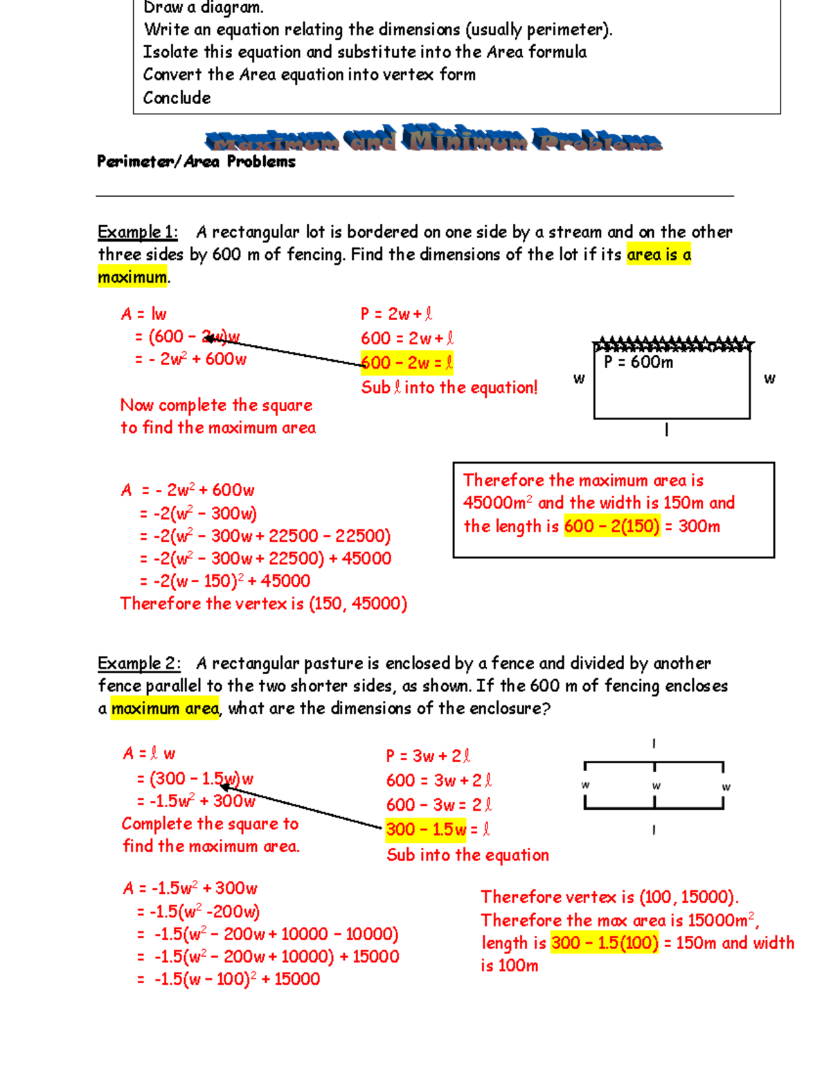 Max Min Area Problems - Perimeter/Area Problems Example 1: A ...