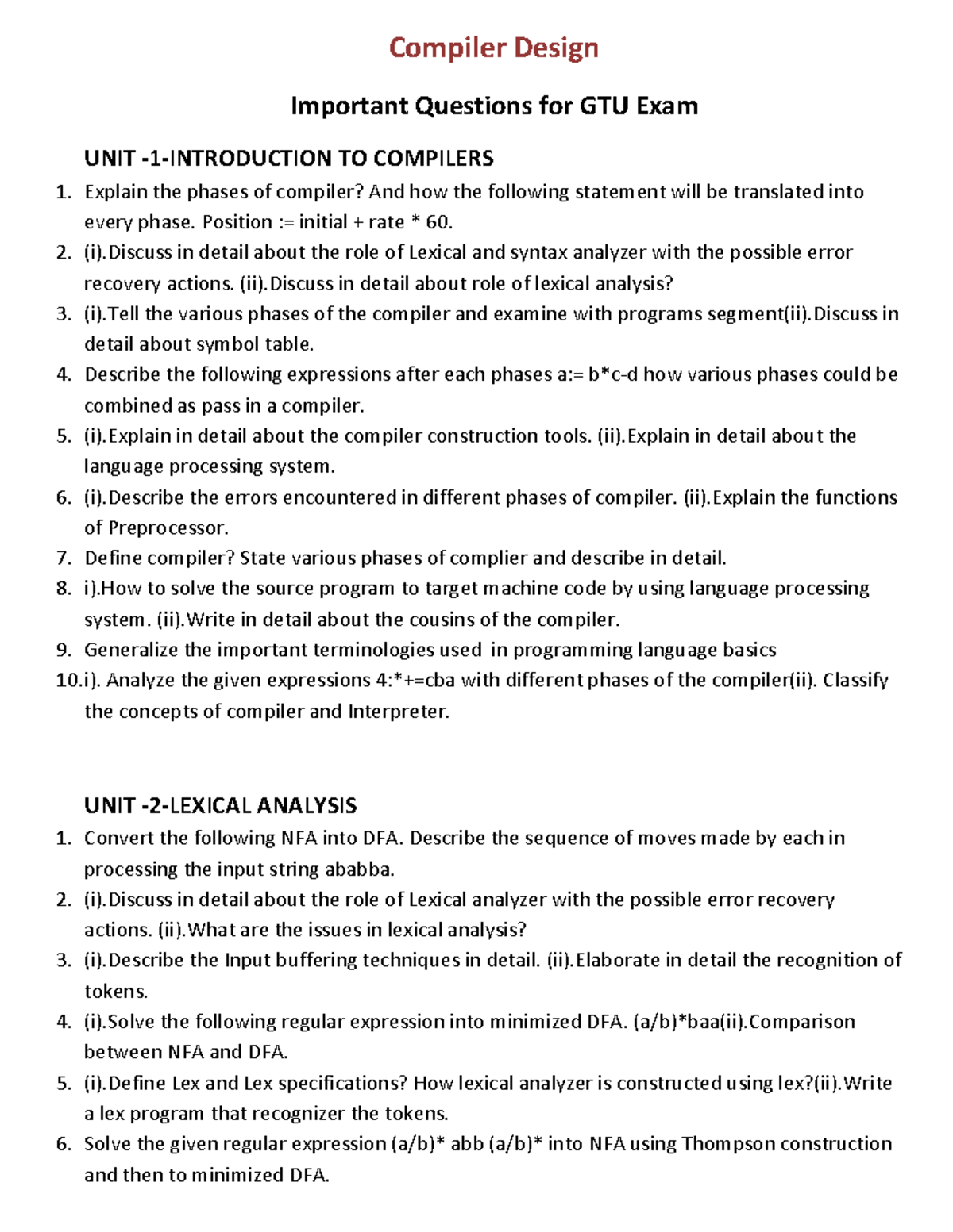 Cd Imp Compiler Design Imp Compiler Design Important Questions For Gtu Exam Unit 1