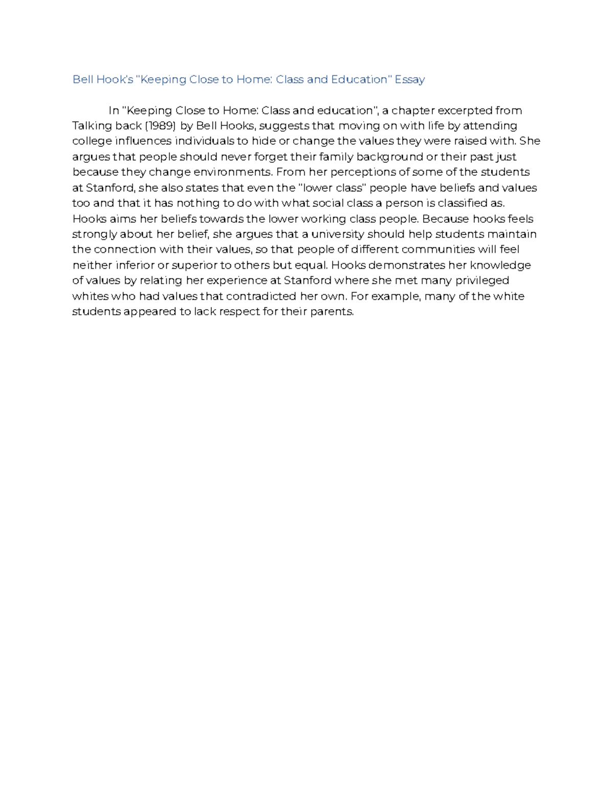 Untitled document - A summary of Bell Hooks “Keeping Close to Home ...