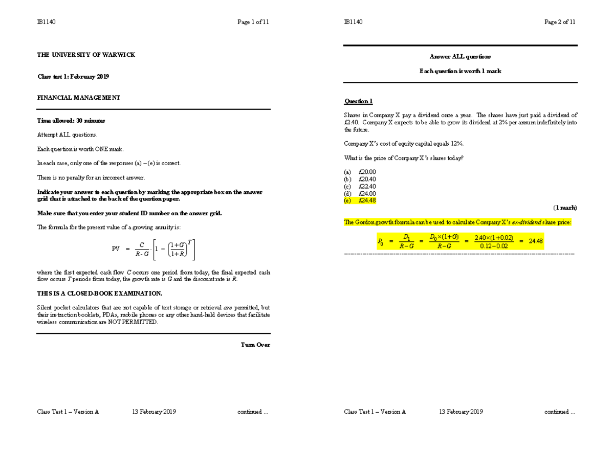 Test 2019 - THE UNIVERSITY OF WARWICK Class test 1: February 2019 ...