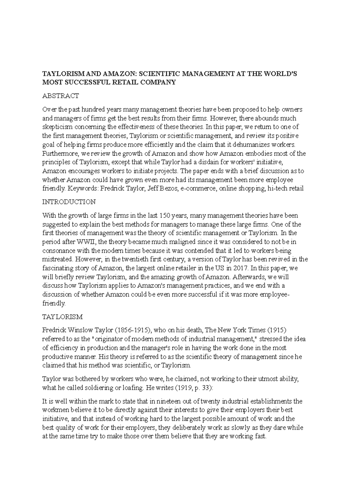 Taylorism AND Amazon - course work about scientific management ...