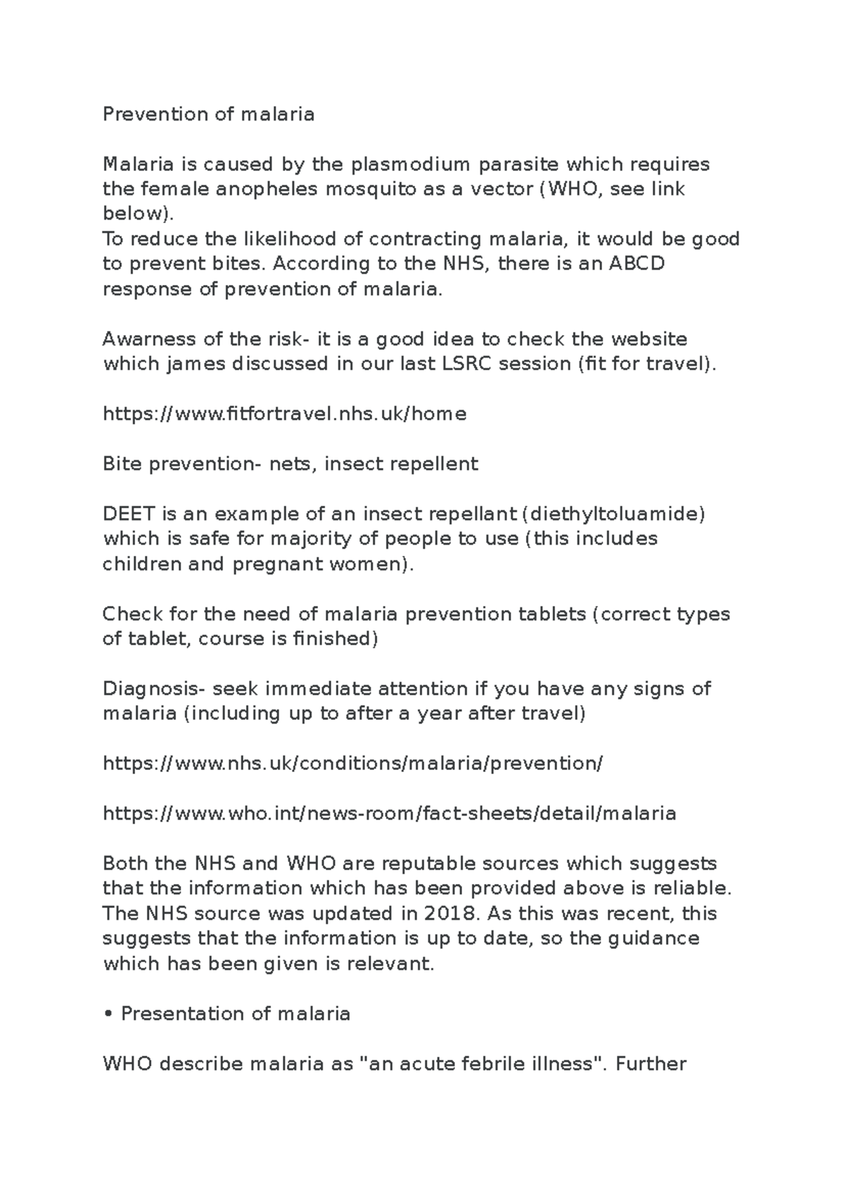 Malaria notes - Summary of said topic - Prevention of malaria Malaria ...