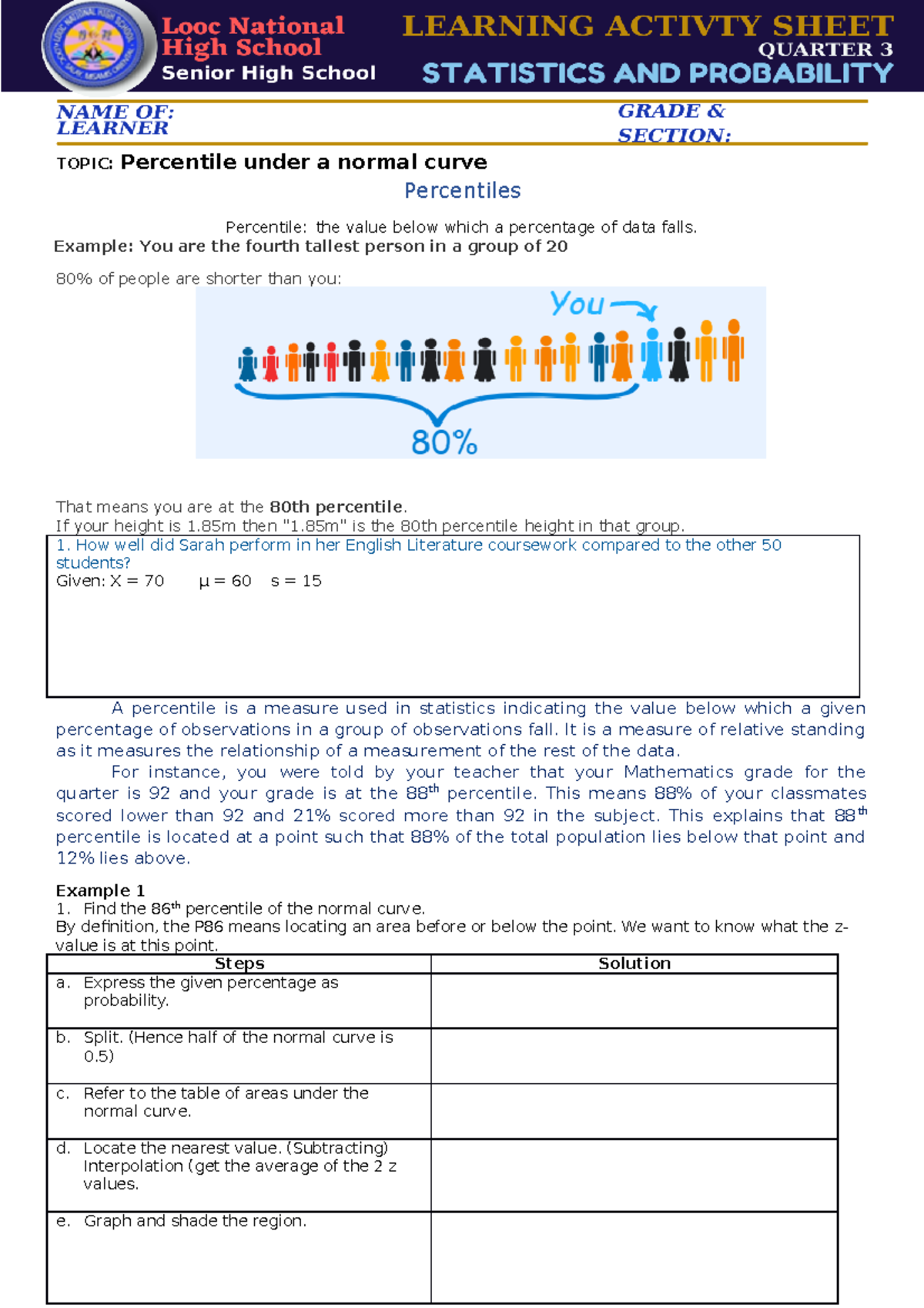 Week 5-Percentiles - Learning Activity Sheet - TOPIC: Percentile under ...