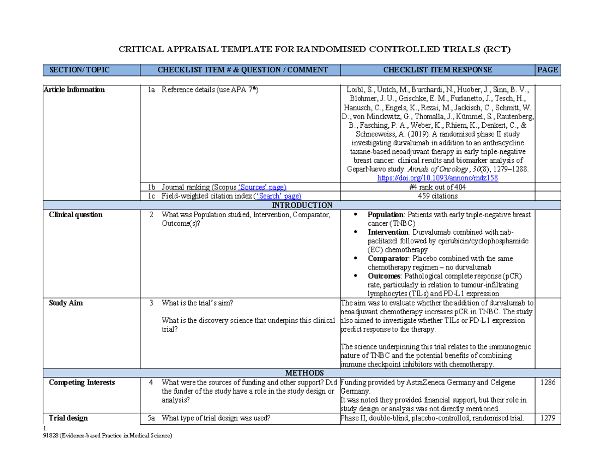 CRITICAL APPRAISAL FOR RCT - CRITICAL APPRAISAL TEMPLATE FOR RANDOMISED CONTROLLED TRIALS (RCT ...