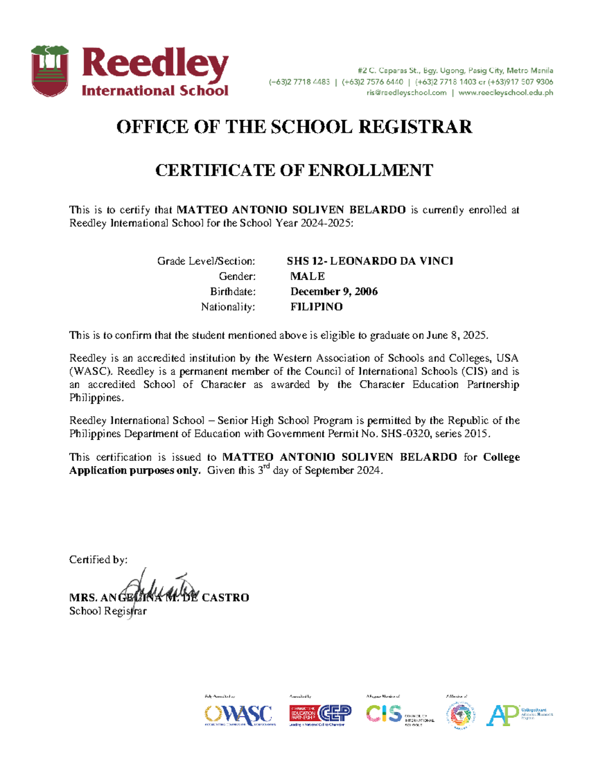 COE- Belardo - sssss - OFFICE OF THE SCHOOL REGISTRAR CERTIFICATE OF ...