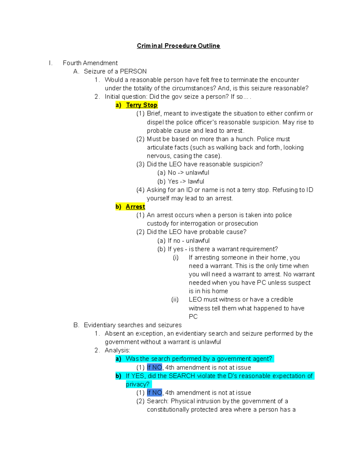 Criminal Procedure Short Outline - Criminal Procedure Outline I. Fourth ...