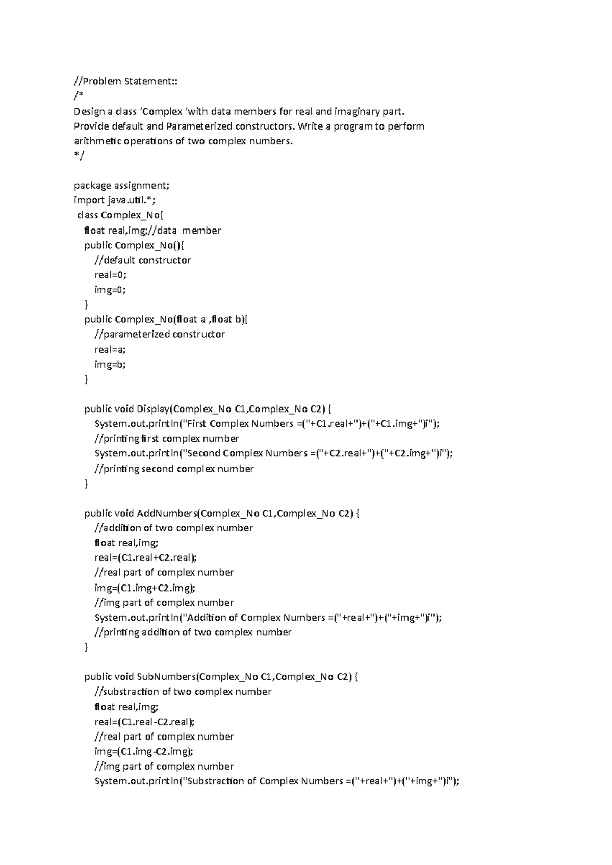 OOP assignment 01 GT - //Problem Statement:: /* Design a class ‘Complex ‘with data members for ...