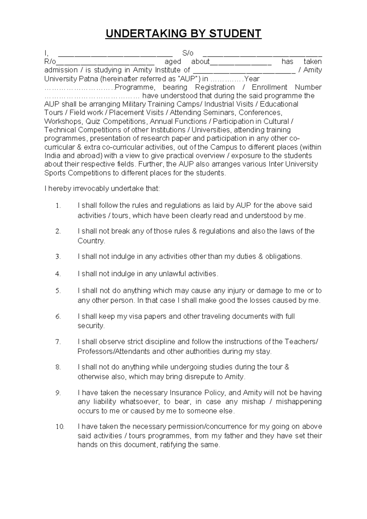 Student undertaking 2023 - UNDERTAKING BY STUDENT I ...