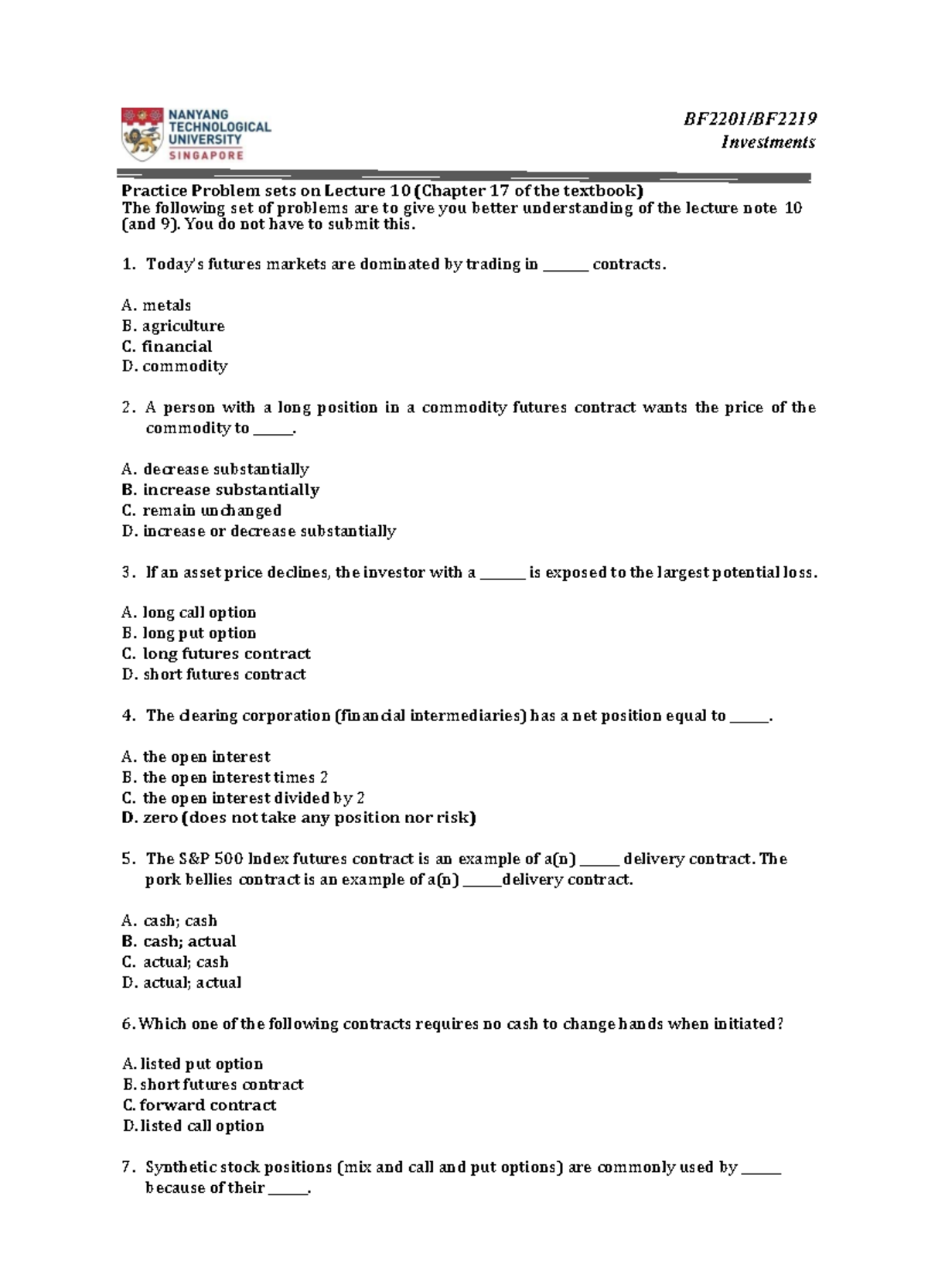 BF2201-BF2219 Practice Questions - Lecture 10-1 - with Answers - BF2201/BF Investments Practice ...