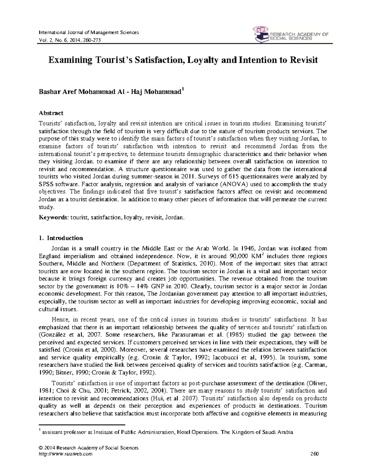Examining Tourist s Satisfaction Loyalty - © 2014 Research Academy of ...