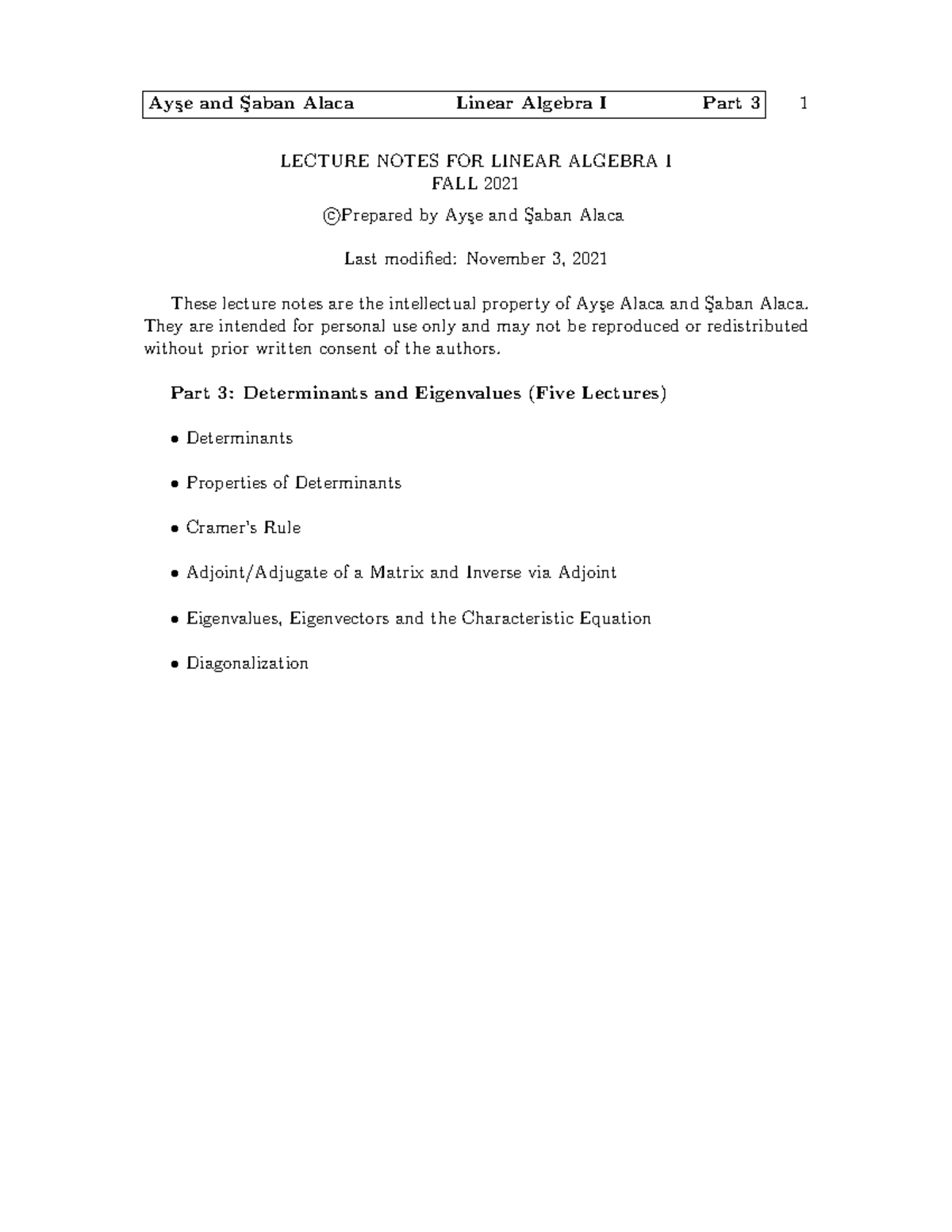 Linear Algebra 1 Lecture Notes Part3 Ver2 F2021 - LECTURE NOTES FOR ...