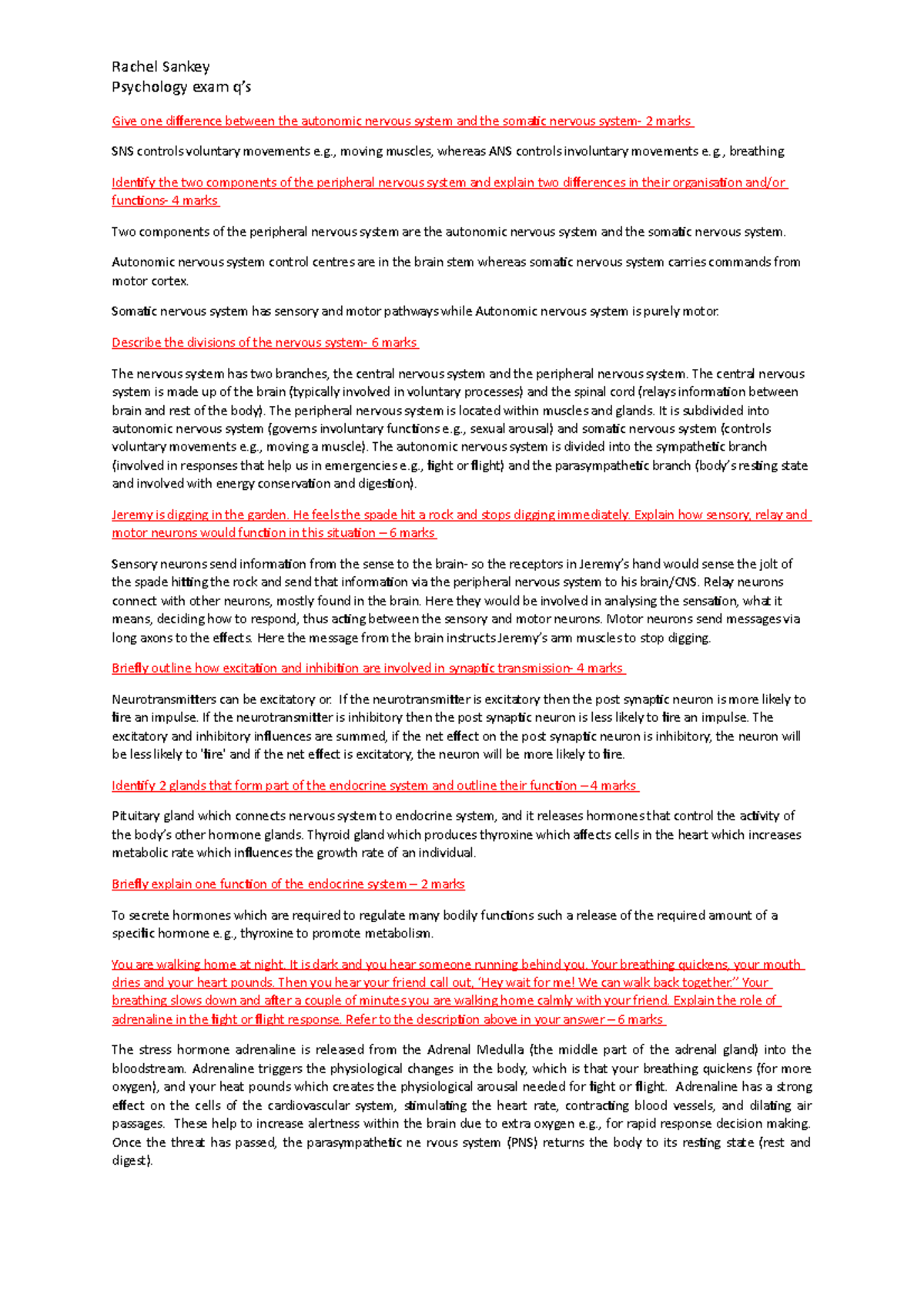 Bio exam q - biopsych exam questions - Rachel Sankey Psychology exam q ...