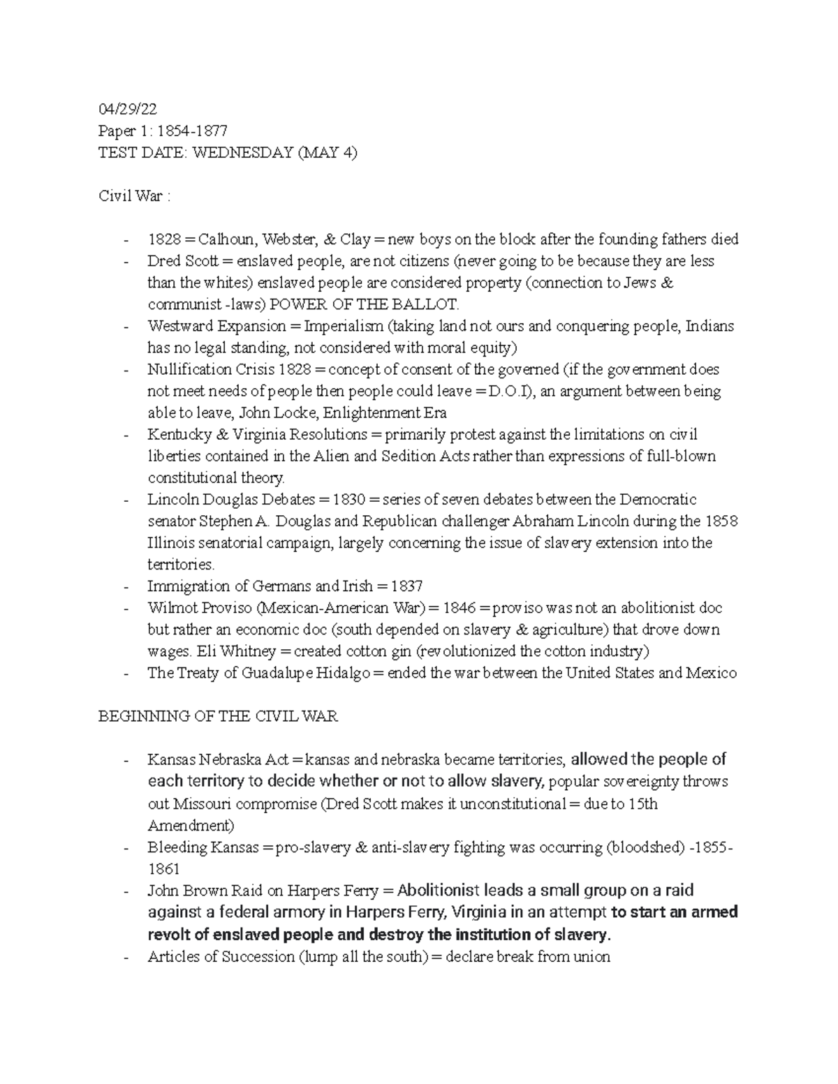 Aice U.S. History 4 29 22 Paper 1 - 04/29/ Paper 1: 1854- TEST DATE ...